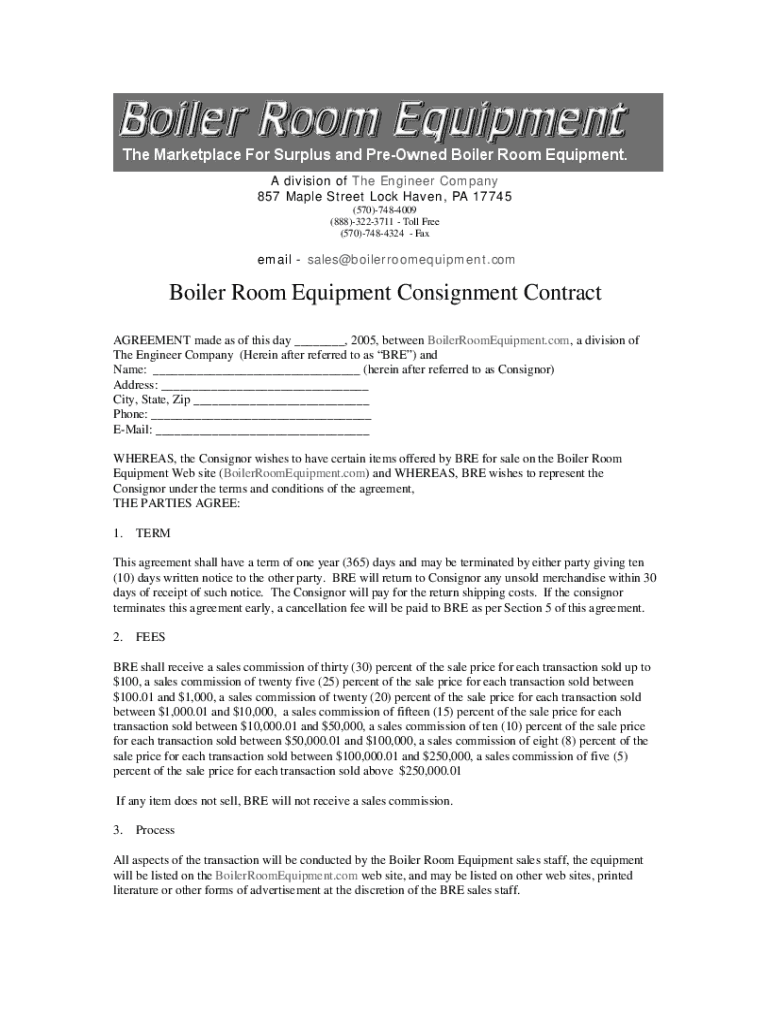 Fillable Online Boiler Room Equipment Consignment Contract Fax Email ...