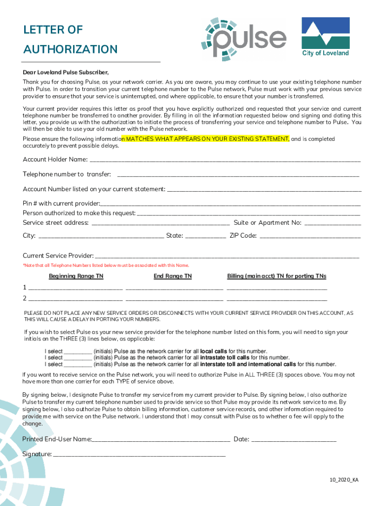 Fillable Online Letter of Authorization - Loveland Pulse - Updated October 2020 Fax Email Print ...