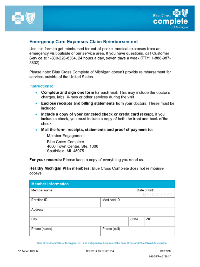 Fillable Online BCC Emergency Care Expense Claim Reimbursement Fax ...