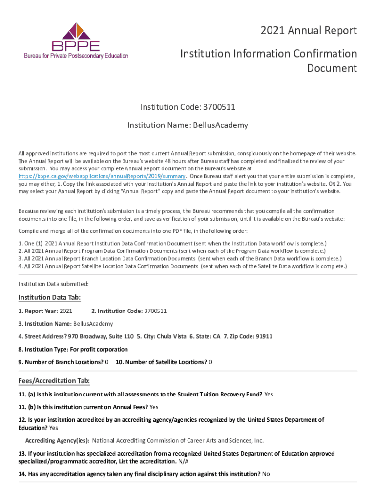 Fillable Online 2021 Annual Report Institution Information Confirmation ...