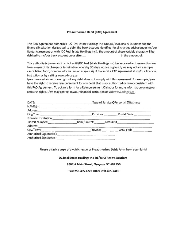 Fillable Online This PAD Agreement authorizes (DC Real Estate Holdings ... Fax Email Print ...