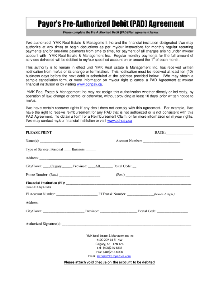 Fillable Online Payor's Pre-Authorized Debit (PAD) Agreement Fax Email ...