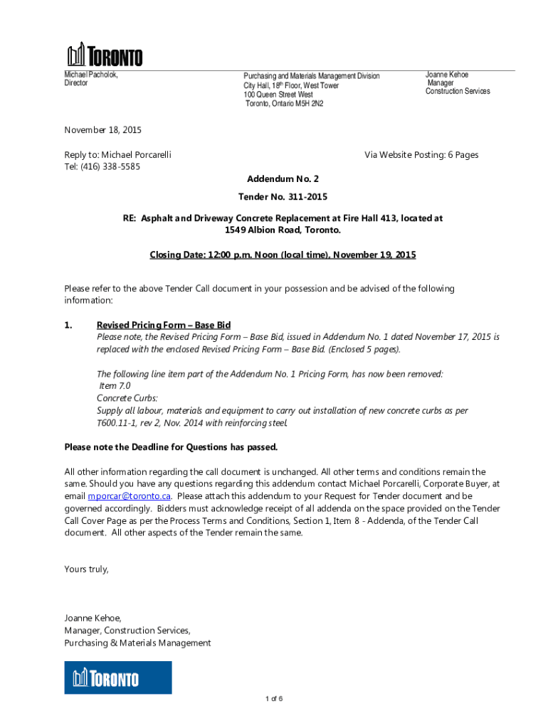 Fillable Online 6 Pages Tel: (416) 338-5585 Addendum No. 2 Tender No ...