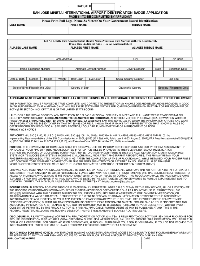 Fillable Online Airport Badging FormsSan Jos Mineta International ...