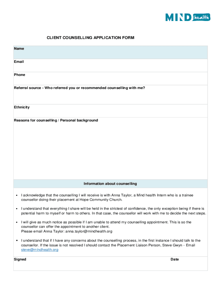 Fillable Online CLIENT COUNSELLING APPLICATION FORM Fax Email Print ...