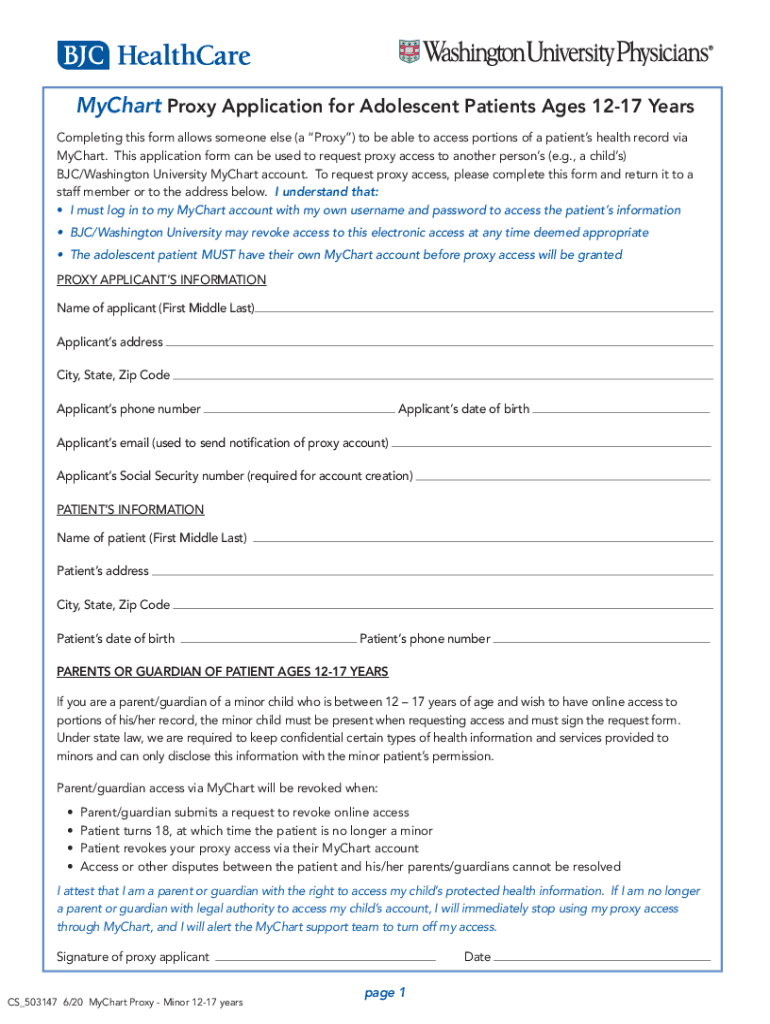Fillable Online MyChart Proxy Application for Adolescent Patients Ages 12 ... Fax Email Print ...
