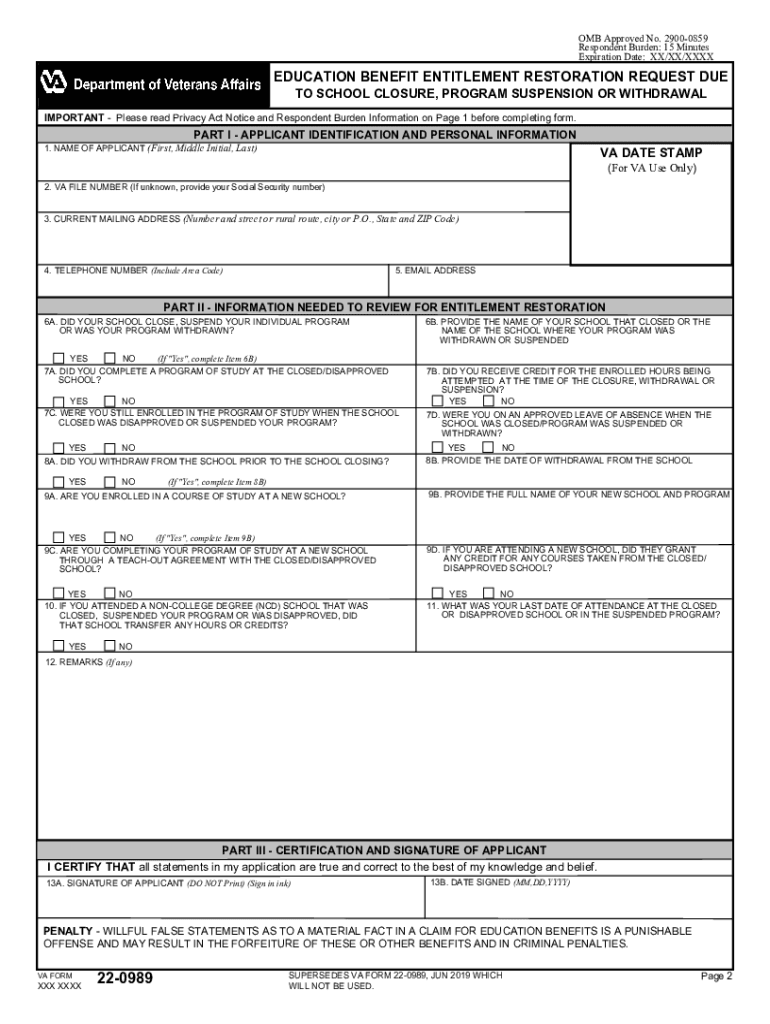 Fillable Online Va Form 22 0989 - Fill Out and Sign Printable PDF ...
