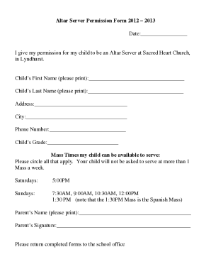 Fillable Online New Altar Servers Permission Form - Grades 4-9 Fax ...