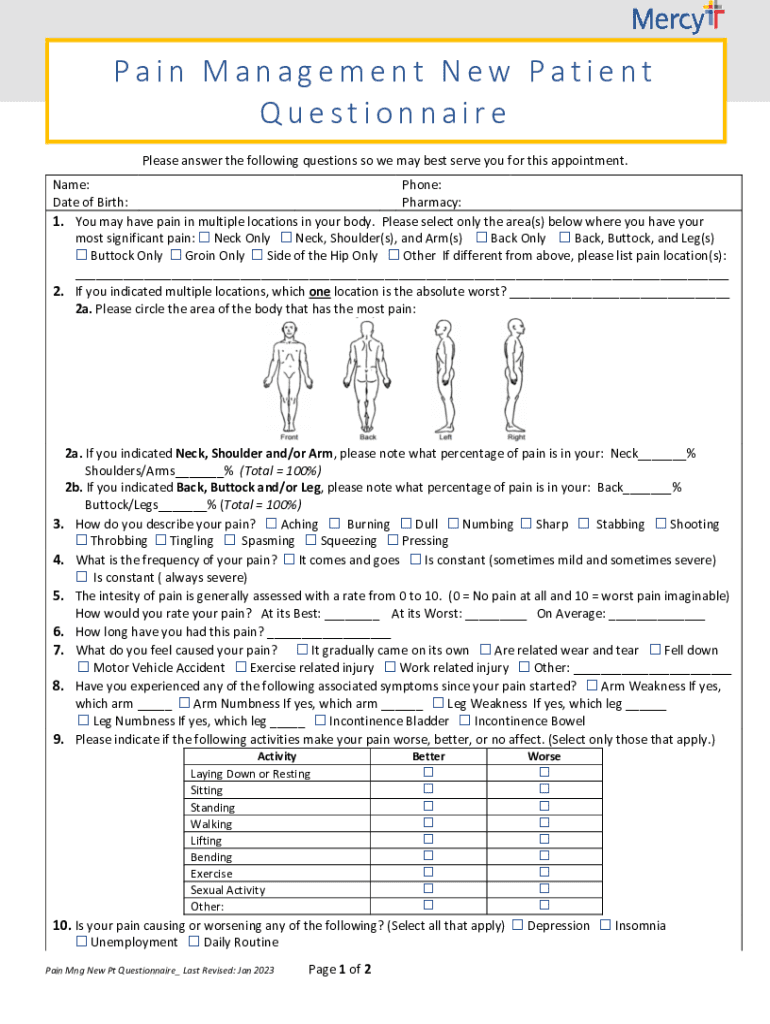 Fillable Online Pain Management New Patient Questionnaire Fax Email Print - pdfFiller
