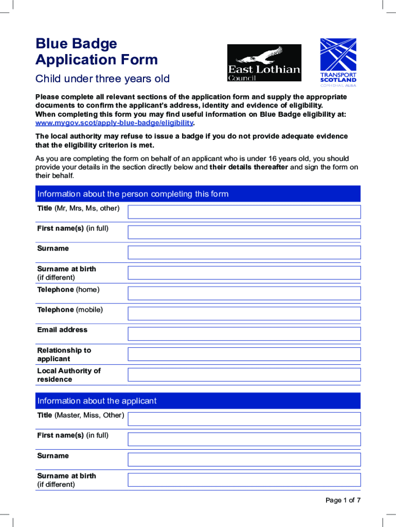 Fillable Online Application for a Blue Badge for a Child Fax Email ...