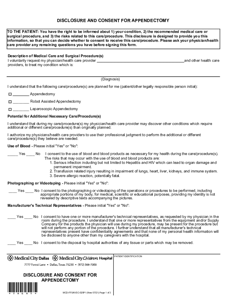 Fillable Online Disclosure And Consent For Appendectomy. Disclosure And ...