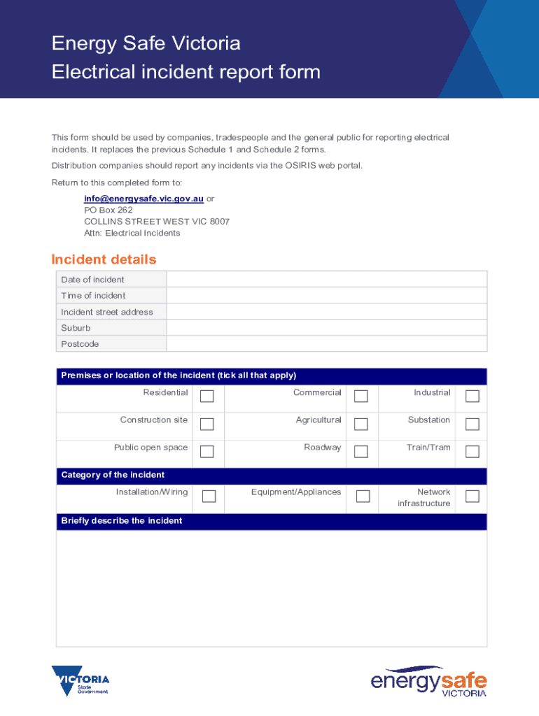 Fillable Online Electrical incident report form - Energy Safe Victoria ...