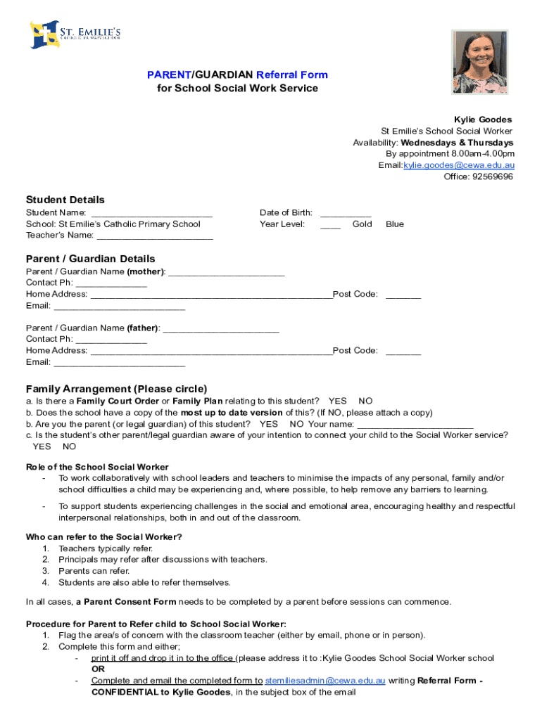 Fillable Online Parent Referral and Consent Form for School Social ...