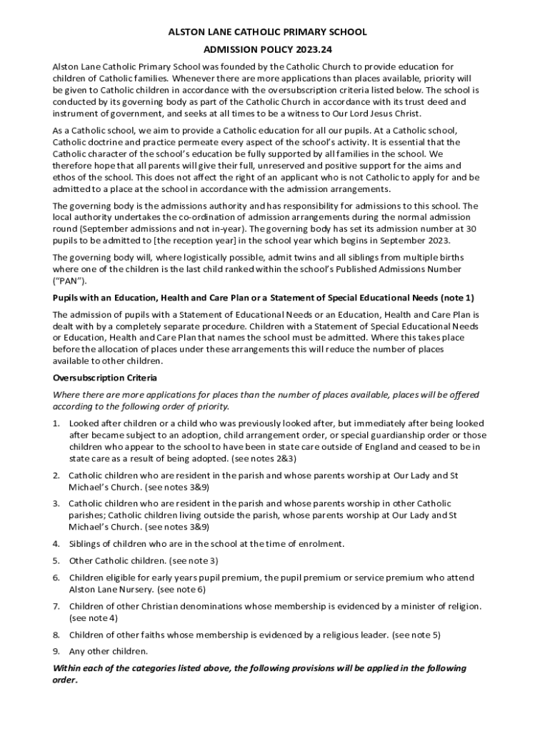 Fillable Online Alston Lane Catholic Primary School and Nursery: Home ...
