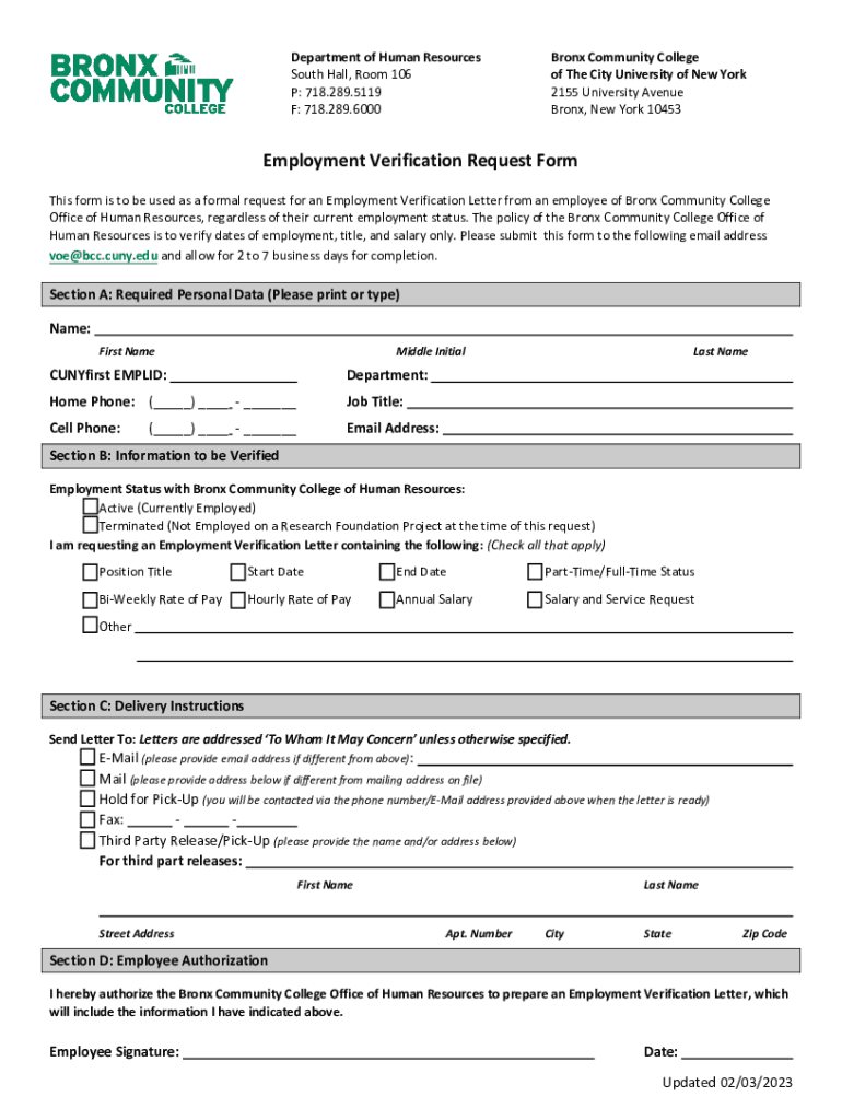 Fillable Online Employment Verification Request Form Fax Email Print ...