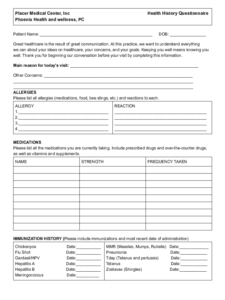 Fillable Online Placer Medical Center, Inc Health History Questionnaire ... Fax Email Print ...