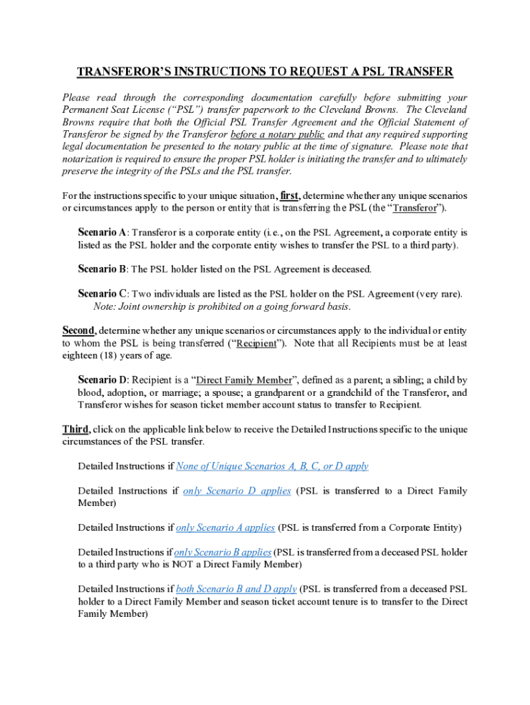 Fillable Online TRANSFEROR'S INSTRUCTIONS TO REQUEST A PSL TRANSFER Fax ...