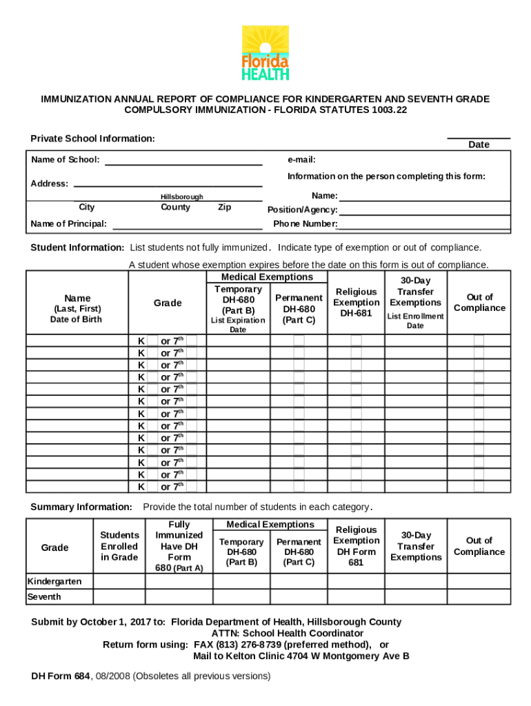 COMPULSORY IMMUNIZATION - FLORIDA STATUTES 1003 Doc Template | pdfFiller