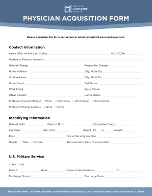 Fillable Online PHYSICIAN ACQUISITION FORM Fax Email Print - pdfFiller