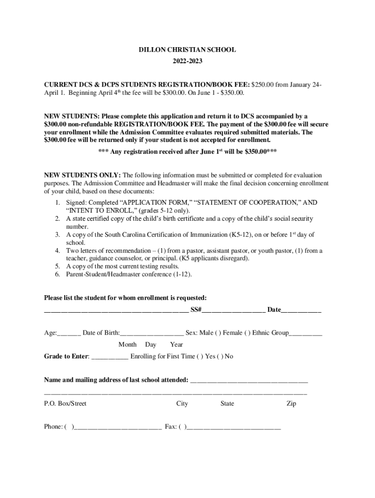 Fillable Online Dillon Christian School - Forms Fax Email Print - pdfFiller