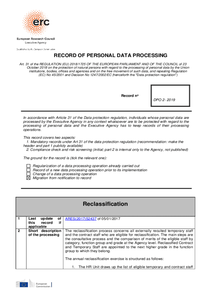 Fillable Online erc europa RECORD OF PERSONAL DATA PROCESSING Fax Email ...