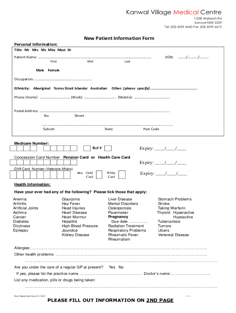 Fillable Online Kanwal Village Medical Centre. Shop 1, Kanwal Village ...