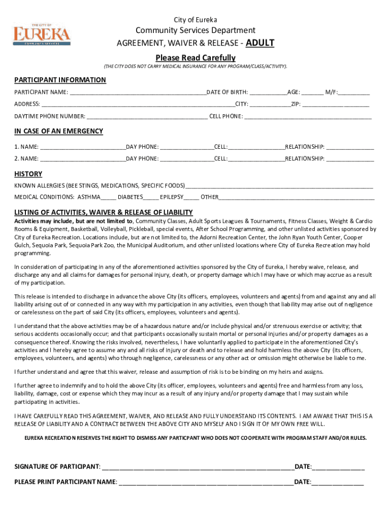 Fillable Online Community Services Department AGREEMENT, WAIVER ...