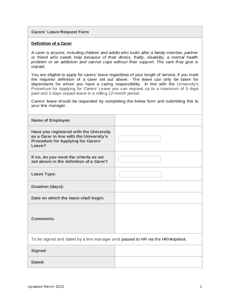 Carers Leave Request . Supporting Family Life Doc Template | pdfFiller