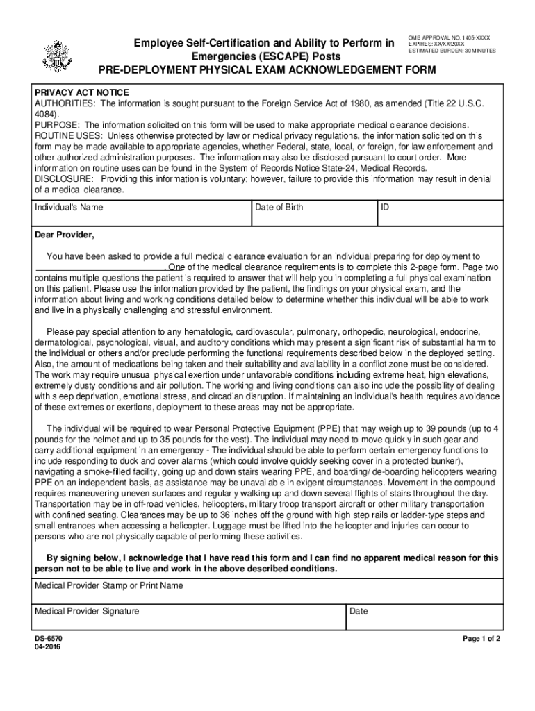 Fillable Online Form DS 6570 DS 6570 Employee Self Certification and ...