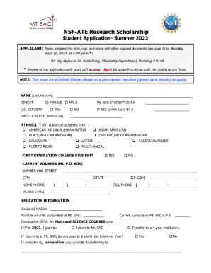 Fillable Online NSF-ATE Research Scholarship - Student Application Fax ...