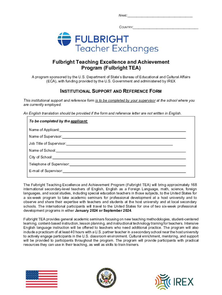 Fillable Online Fulbright TEA Institutional Support and Reference Form ...