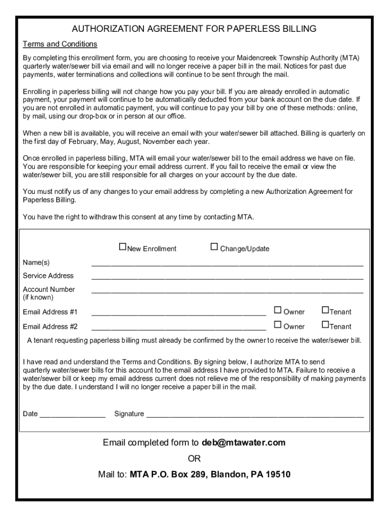 Fillable Online Authorization Agreement for Paperless Billing.docx Fax ...