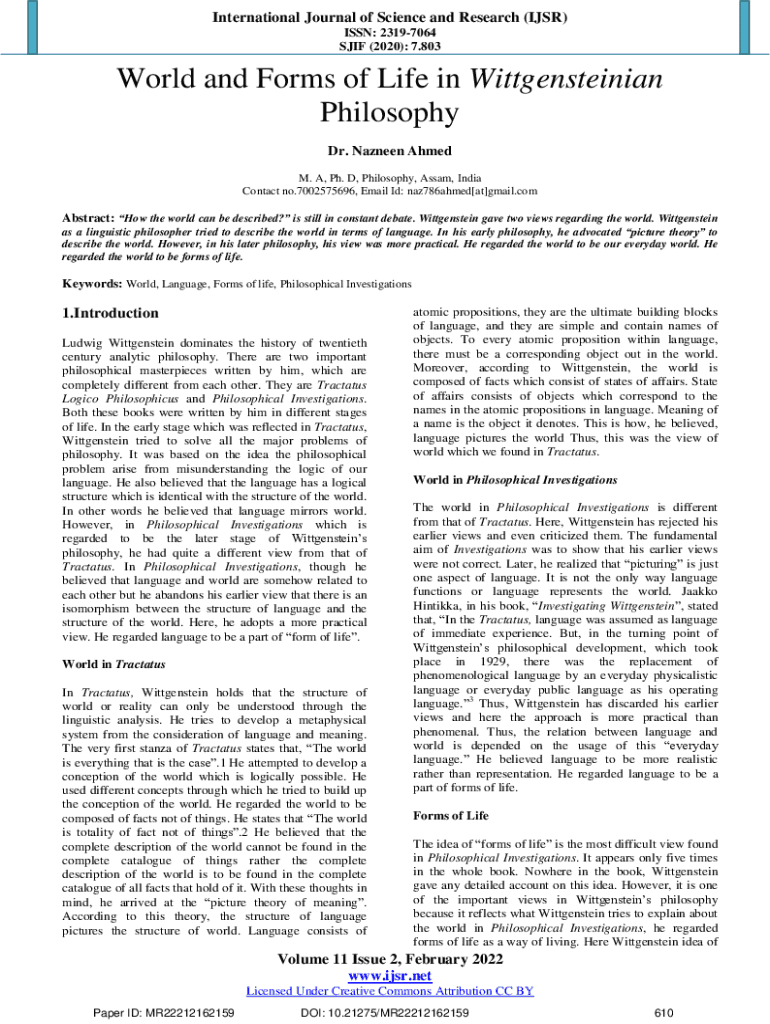 Fillable Online World and Forms of Life in Wittgensteinian Philosophy ...