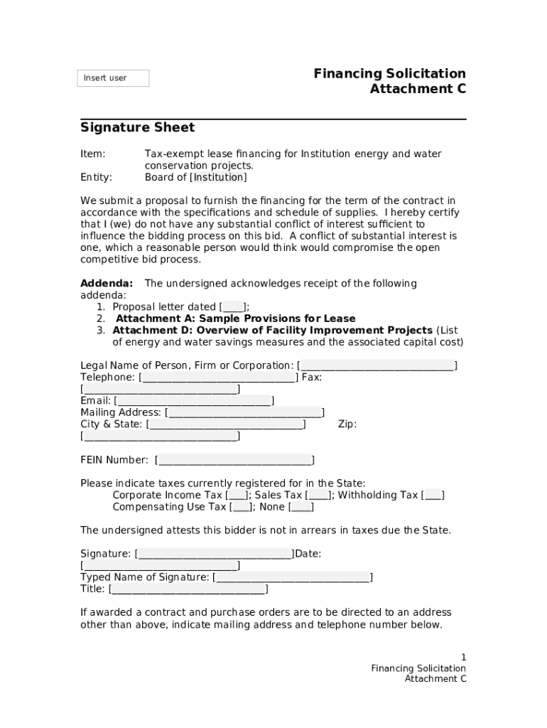 Financing Solicitation Attachment C. Document contains a template ...