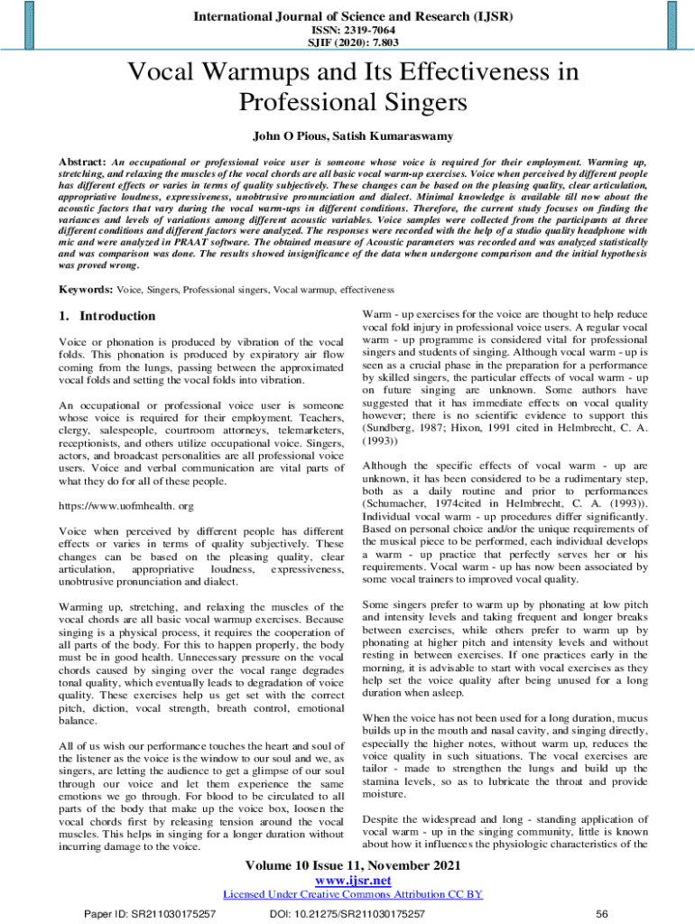 Fillable Online Vocal Warmups And Its Effectiveness In Professional