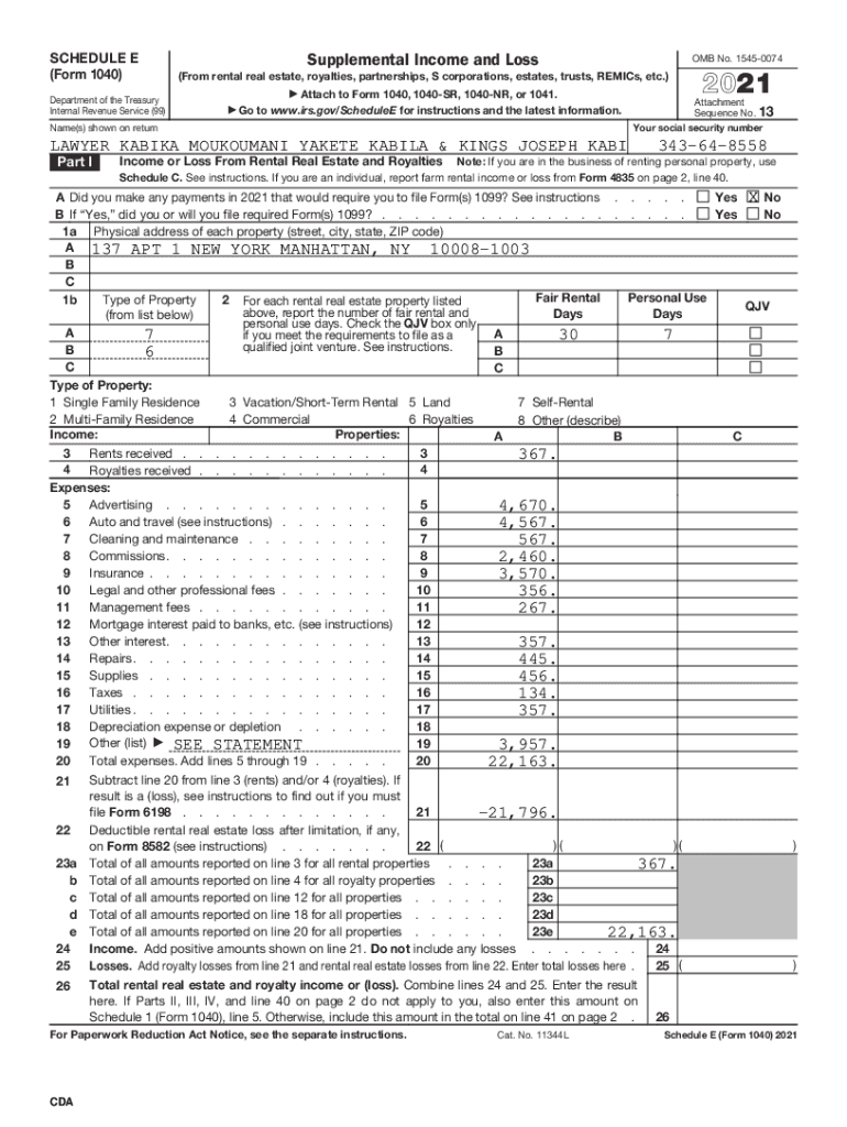 Fillable Online Schedule E Form 1040 Department Of The Treasury ...