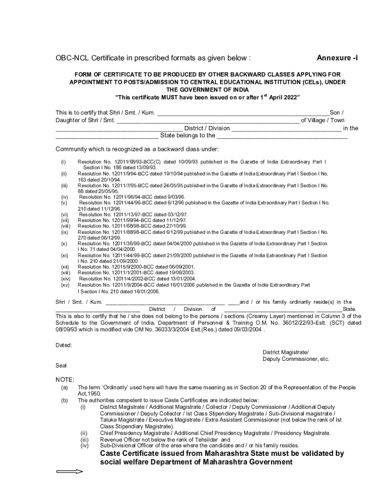 Obc Ncl Formet Pdf - Fill Online, Printable, Fillable, Blank | pdfFiller