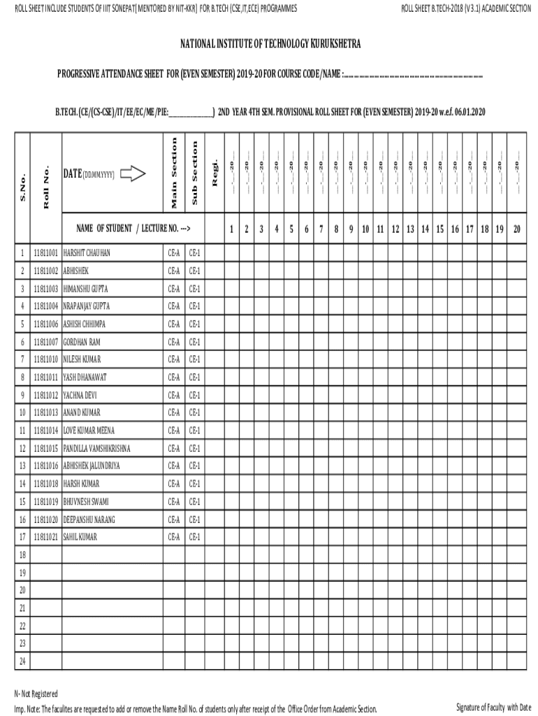 Fillable Online Signature of Faculty with Date ROLL SHEET INCLUDE ...