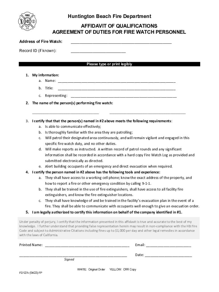 Fillable Online Fire Watch Affidavit of Qualifications Fax Email Print ...