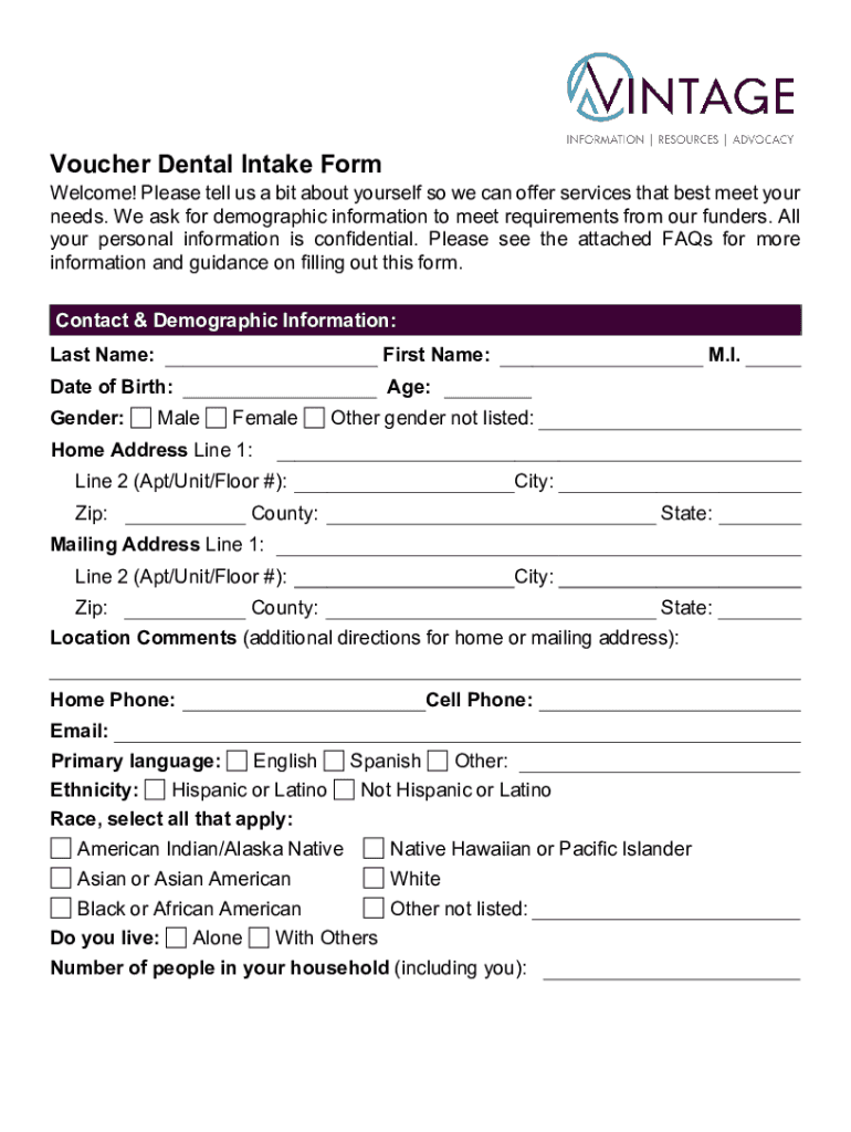 Fillable Online Vintage Intake Form, Dental Voucher SFY22 Fax Email ...