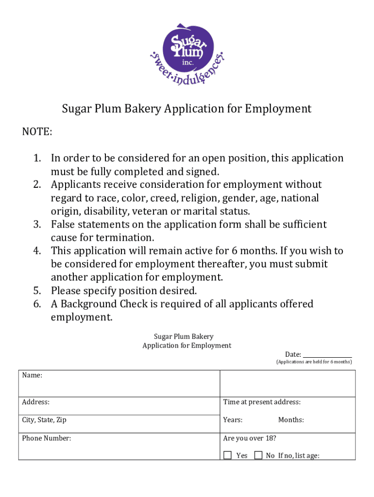 Fillable Online Sugar Plum Bakery NEW Application Fax Email Print ...