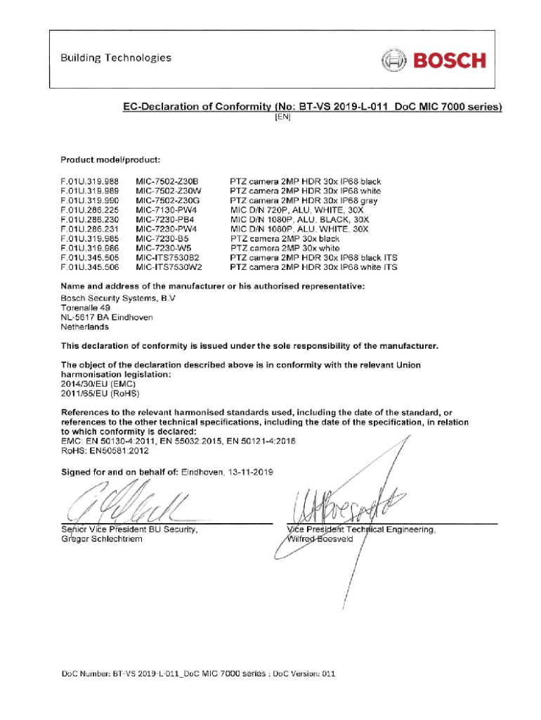 Fillable Online Bosch Bosch mic IP starlight 7000 HD series outdoor pan ...