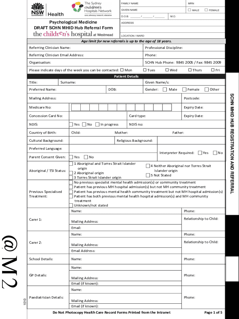 Fillable Online Psychological Medicine DRAFT SCHN MHID Hub Referral ...