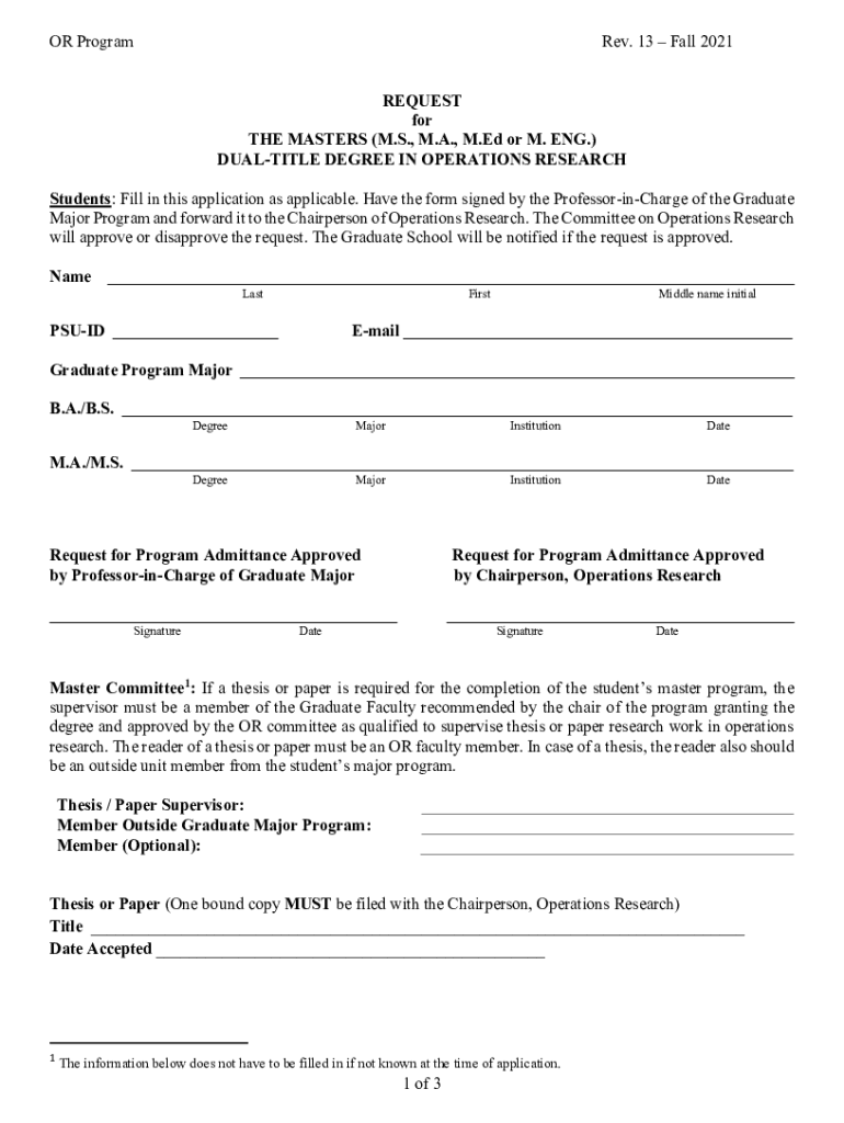 Fillable Online Fall 2021 1 of 3 REQUEST for THE MASTERS (M.S., M.A., M.Ed or ... Fax Email ...