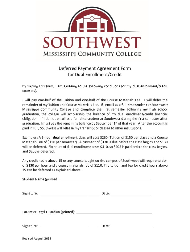 Fillable Online Deferred Payment Agreement Form for Dual Enrollment ...