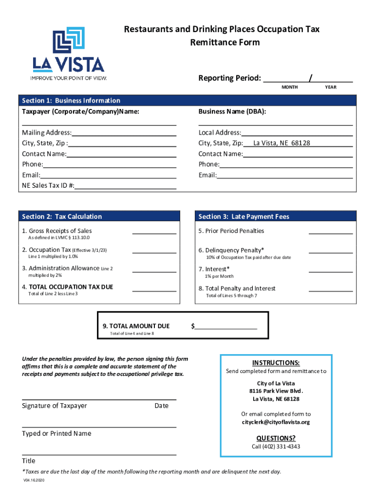 Fillable Online Restaurants and Drinking Places Occupation Tax ...