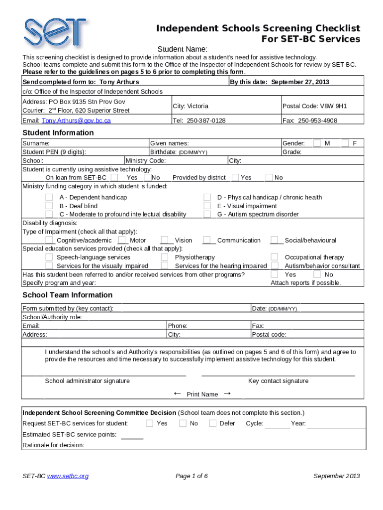 Independent Schools Screening Checklist For SET-BC Services Doc ...