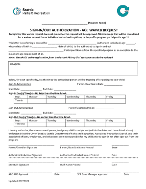 Fillable Online SIGN-INOUT AUTHORIZATION-AGE WAIVER REQUEST Fax Email Print - pdfFiller