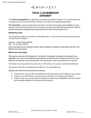 Fillable Online Manifest Travel Club Membership Agreement Fax Email ...