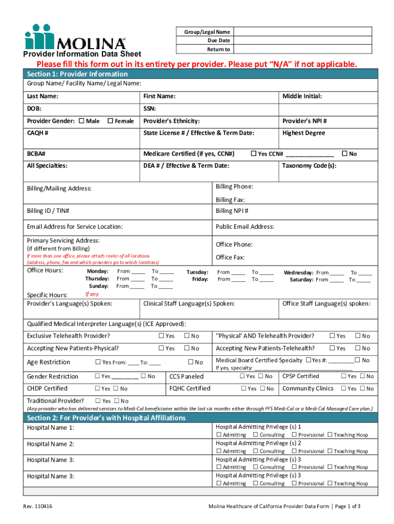 Fillable Online Provider Information Data Sheet. Molina Healthcare of ...